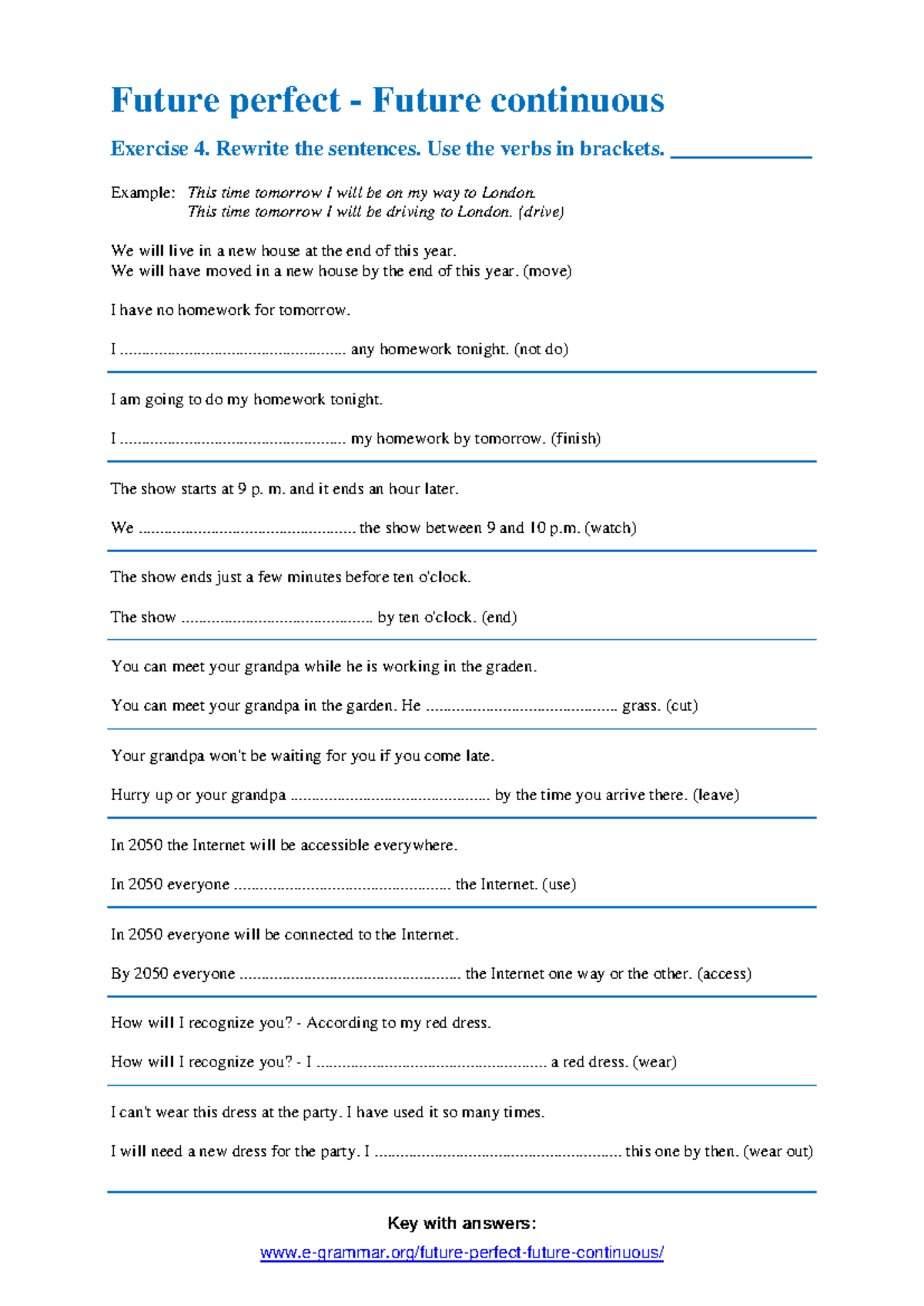 Future perfect future continuous - Key with answers: e-grammar/future ...