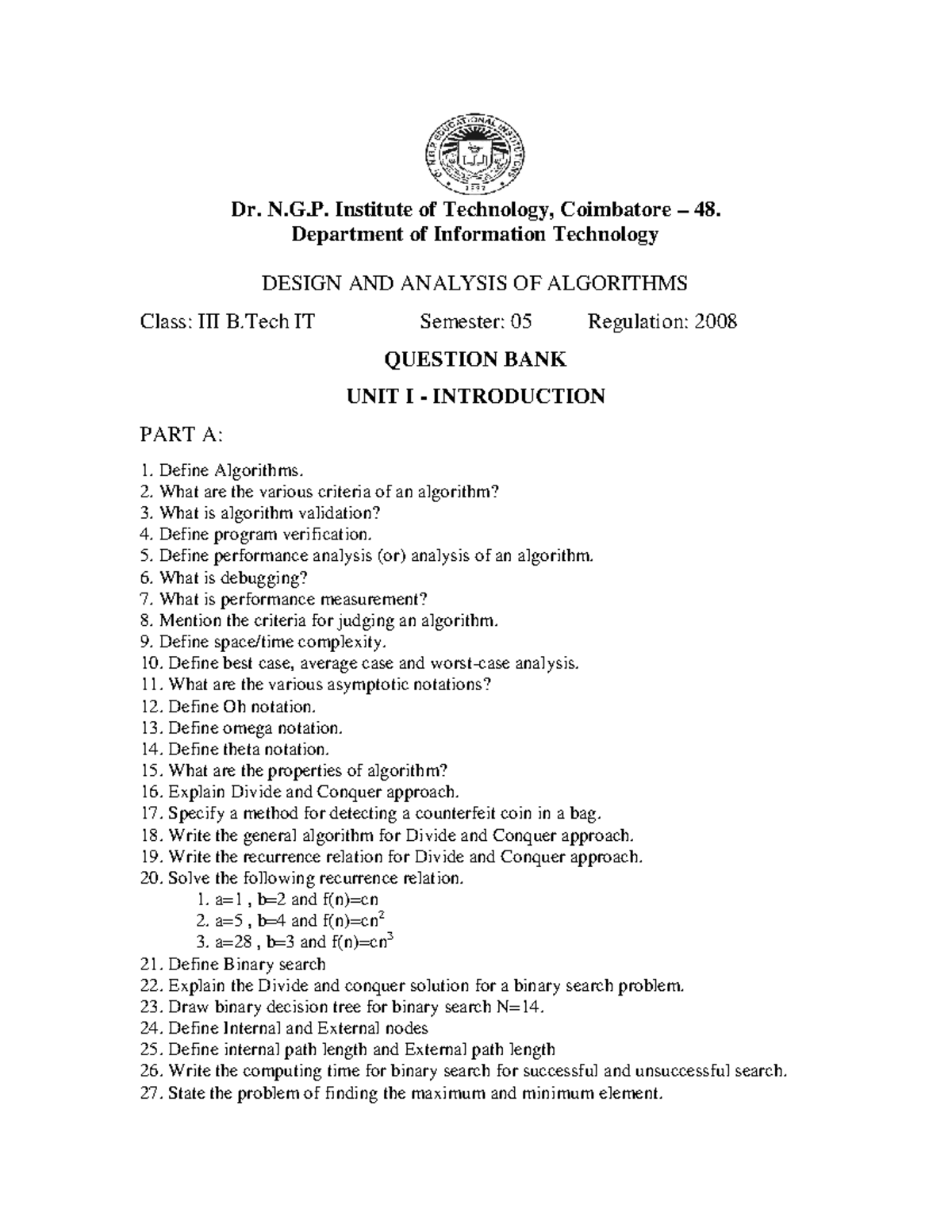 DAA Question Bank (B.Tech IT Sem 5) - Design & Analysis of Algorithms - Studocu