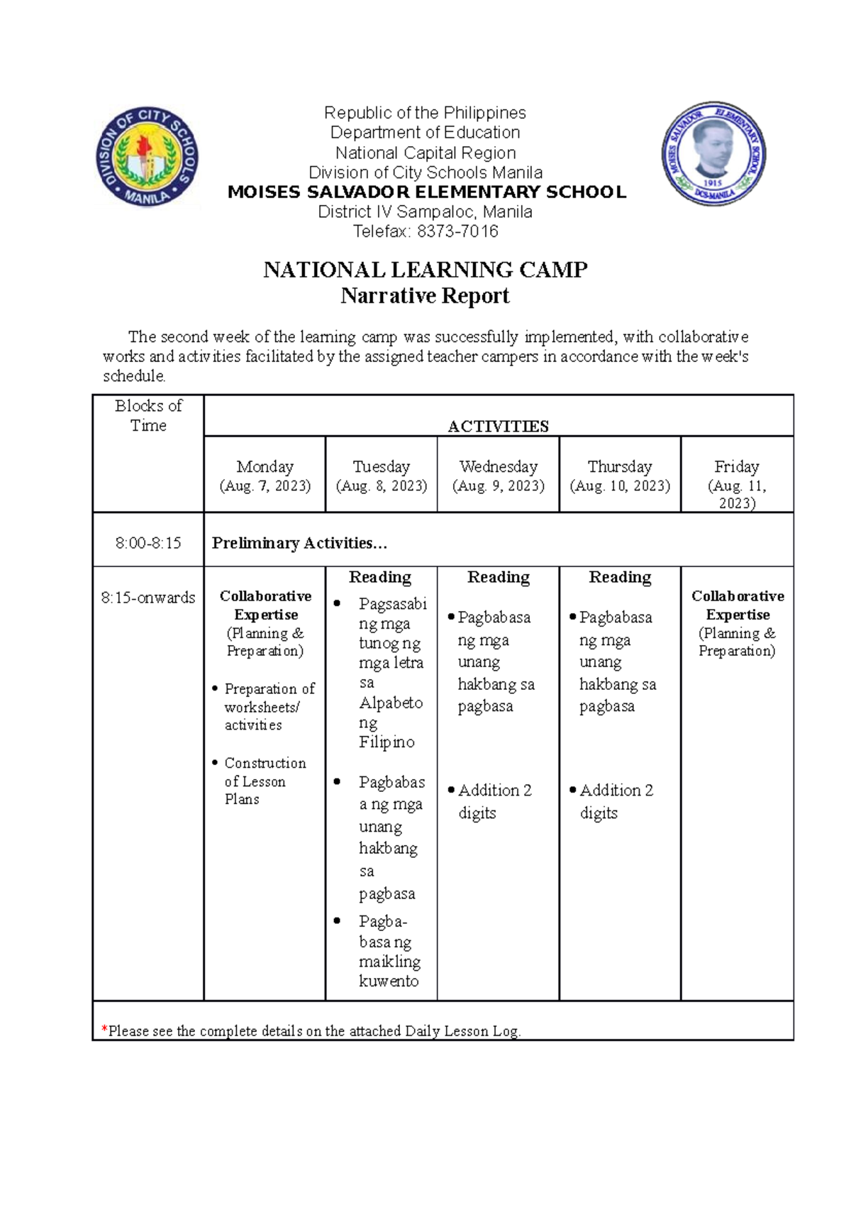 NLC 2nd Week Narrative Report: Learning Camp Activities (2023) - Studocu