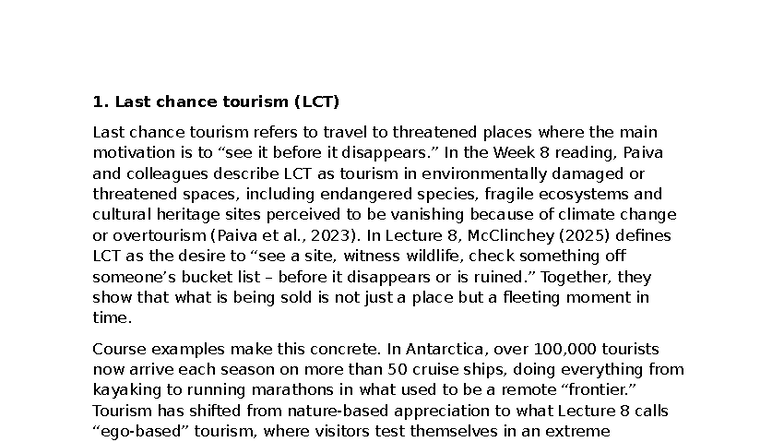 ES295: Final Exam Notes on Last Chance Tourism and Ecotourism - Studocu