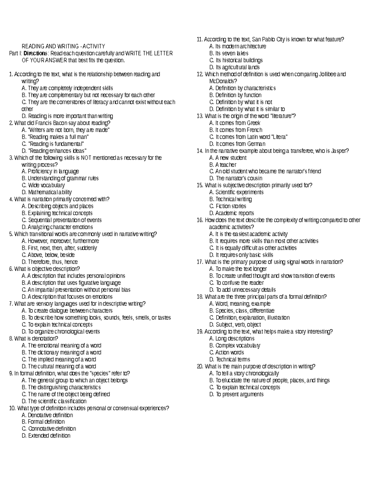 Reading and Writing Activity - READING AND WRITING - ACTIVITY Part I ...