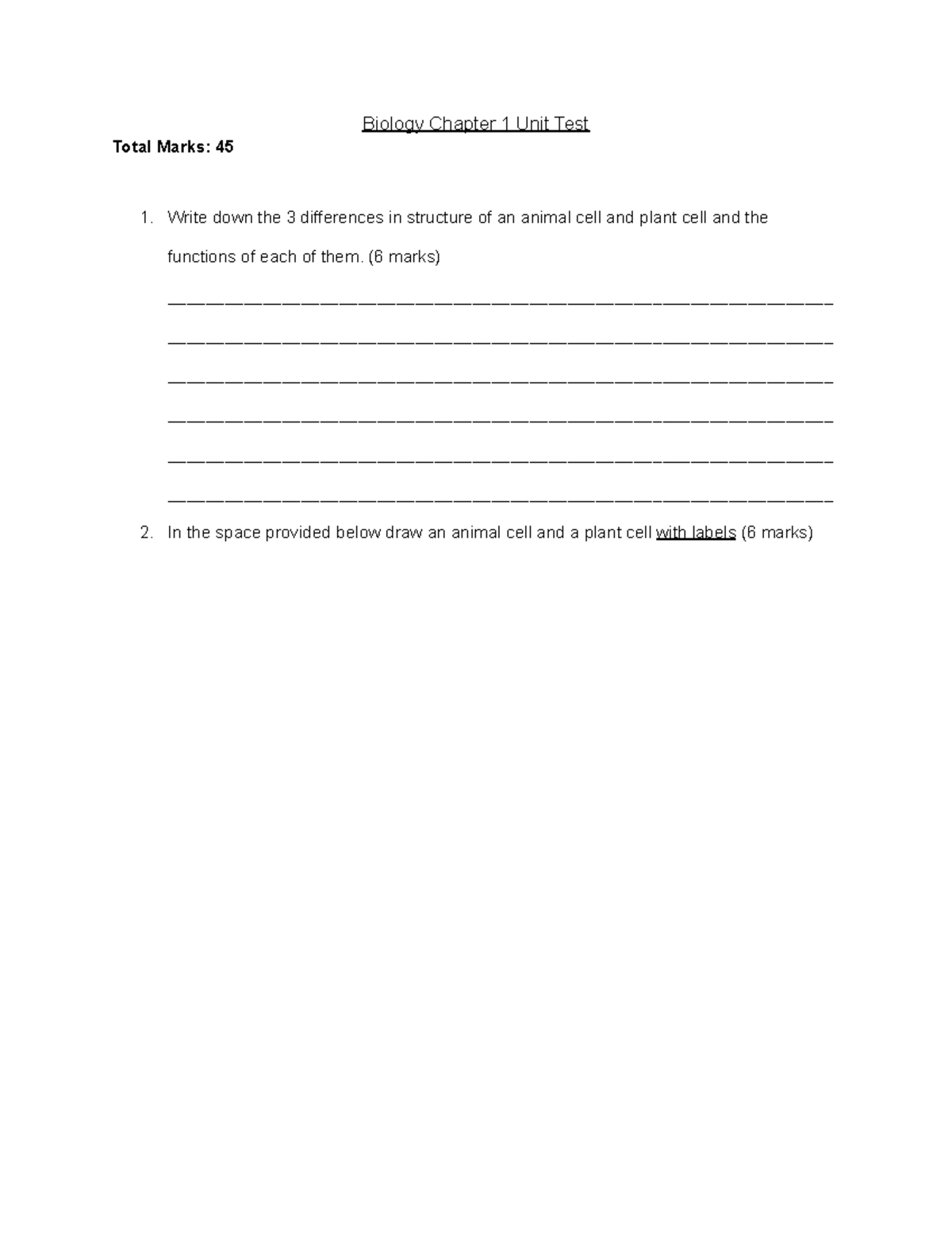 Biology Chapter 1 Unit Test: Animal vs. Plant Cell Structures - Studocu