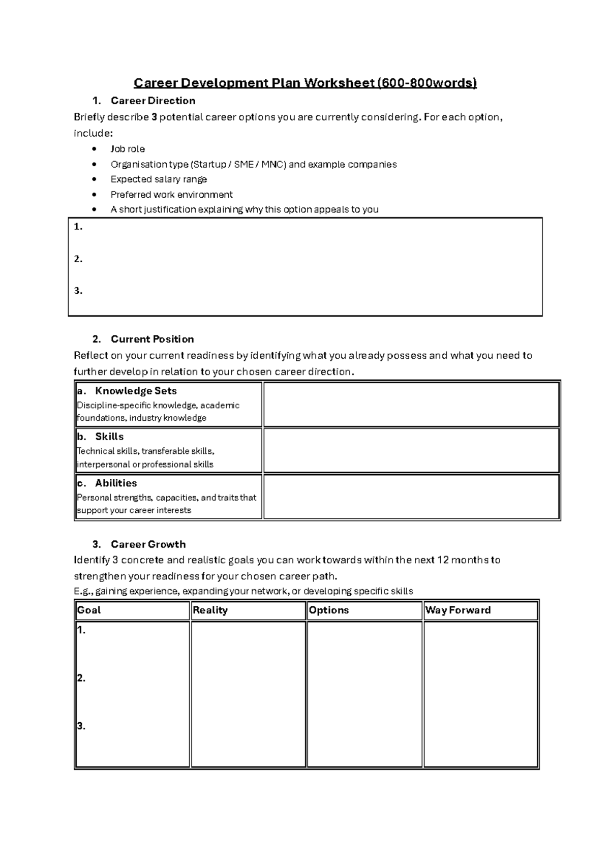 ASG - Career Development Plan Worksheet: Exploring Career Options - Studocu
