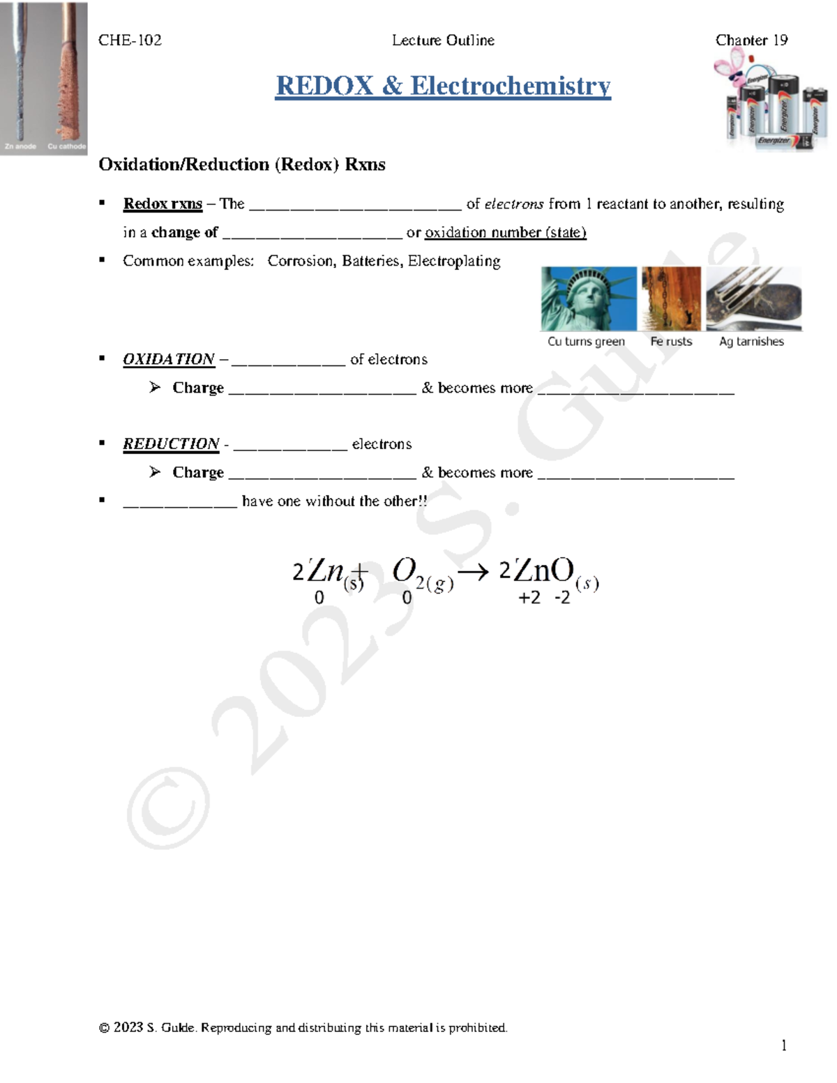 Ch 19 Redox & Electrochemistry - CHE 101 Study Guide for Test - Studocu