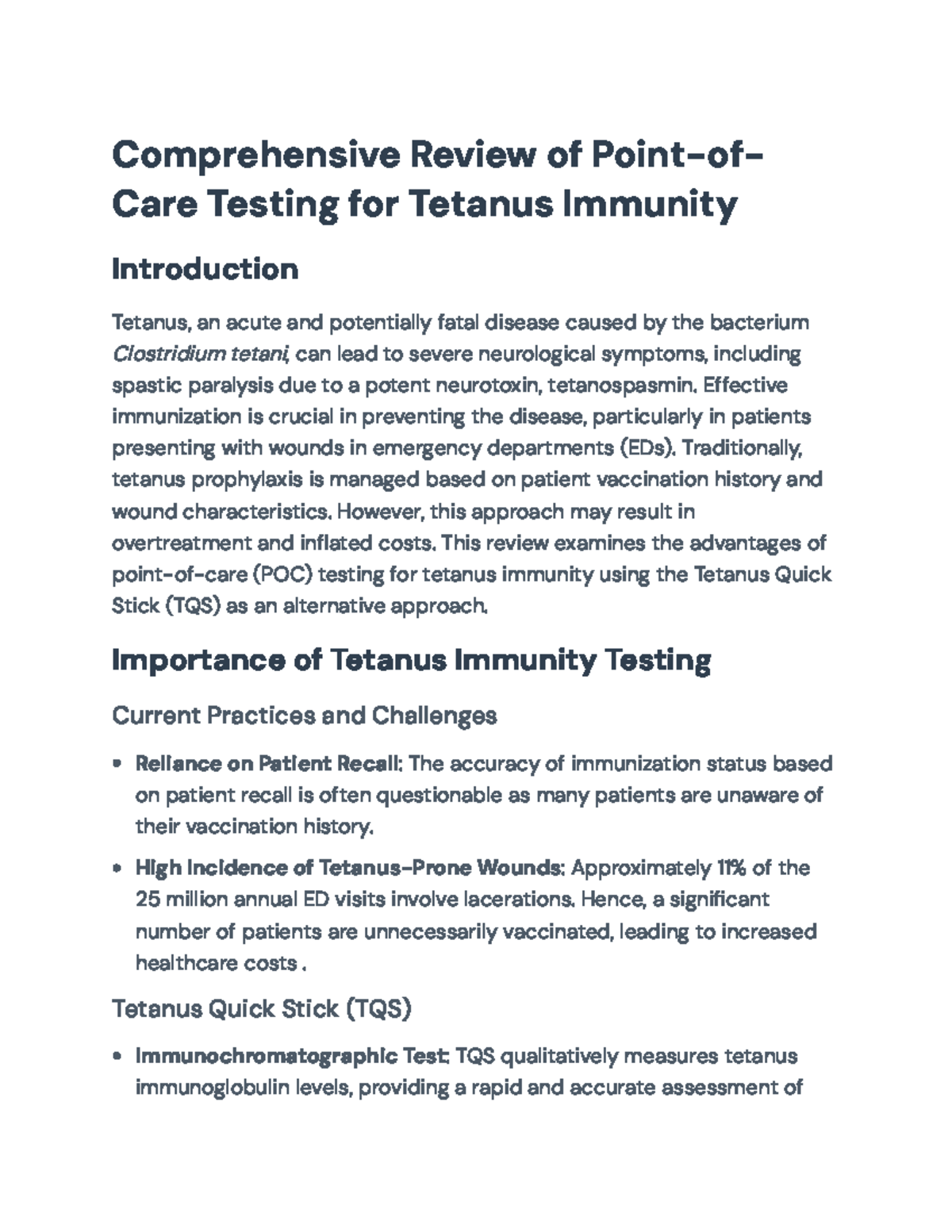 Comprehensive Review of POC Testing for Tetanus Immunity (TET 101 ...