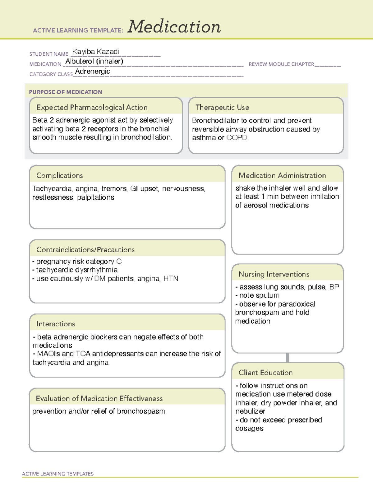 Albuterol ATI Medication Active Learning Template - ACTIVE LEARNING ...