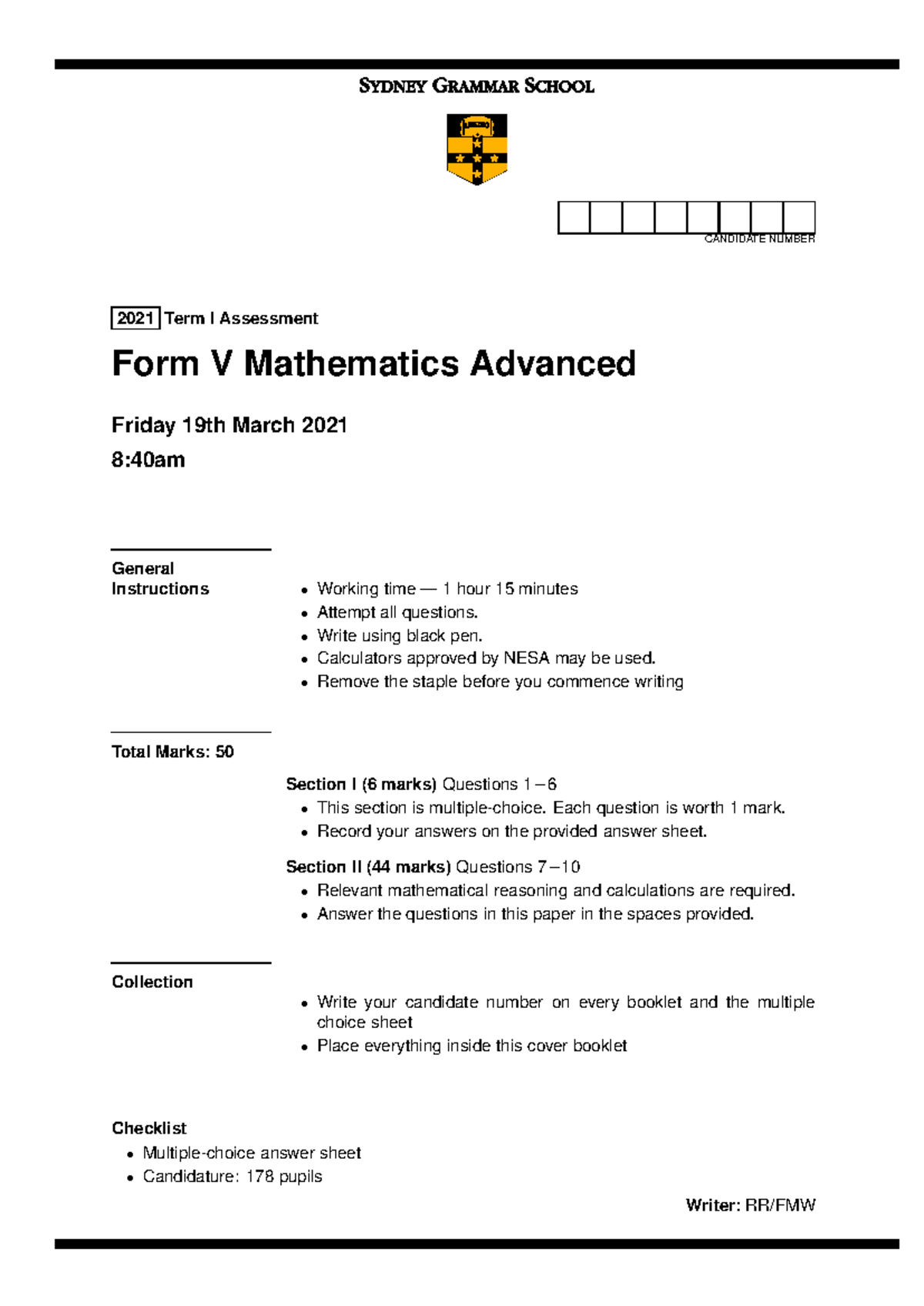 2021 5MM2 Term I Mathematics Advanced Assessment Paper - Studocu
