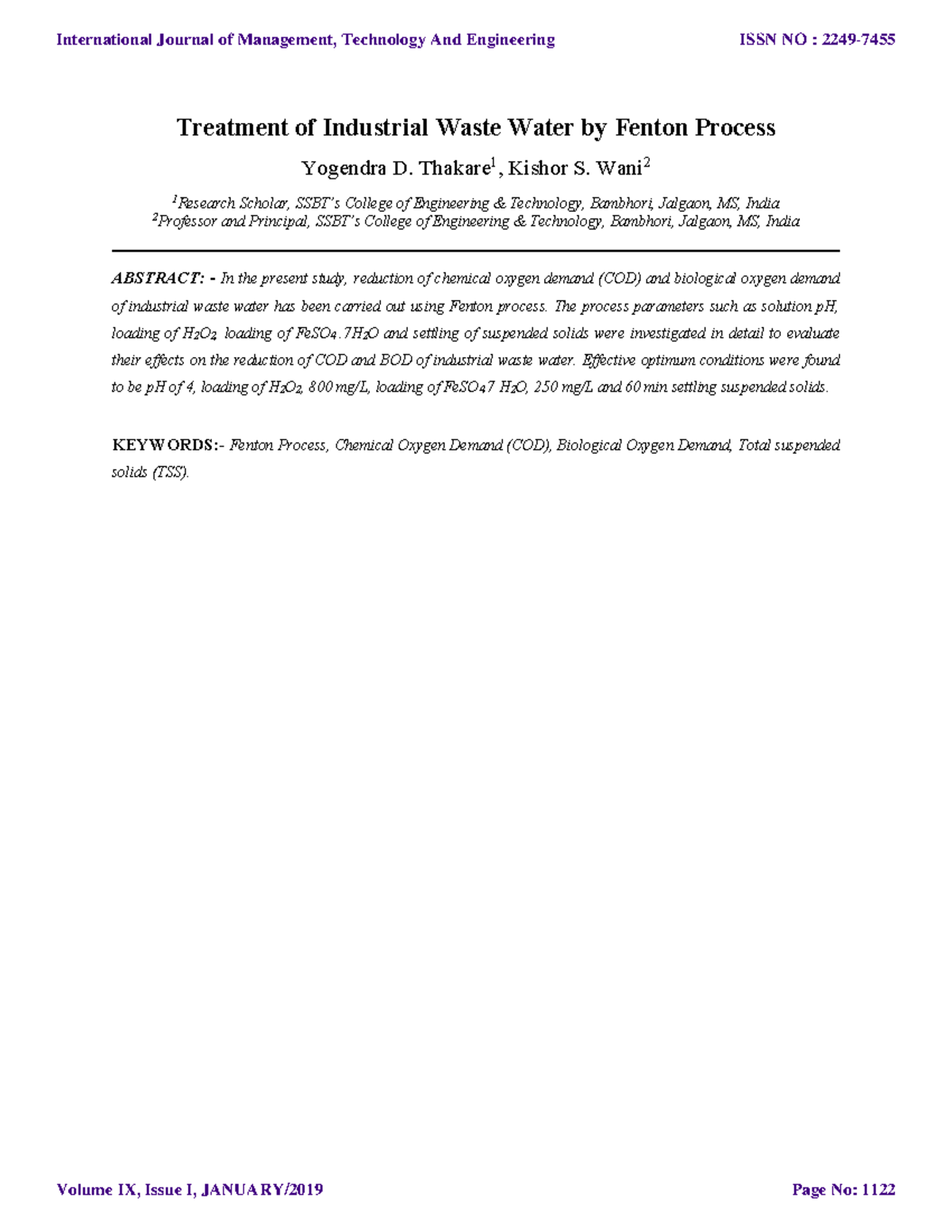 Fenton Process for Industrial Wastewater Treatment: COD & BOD Reduction ...