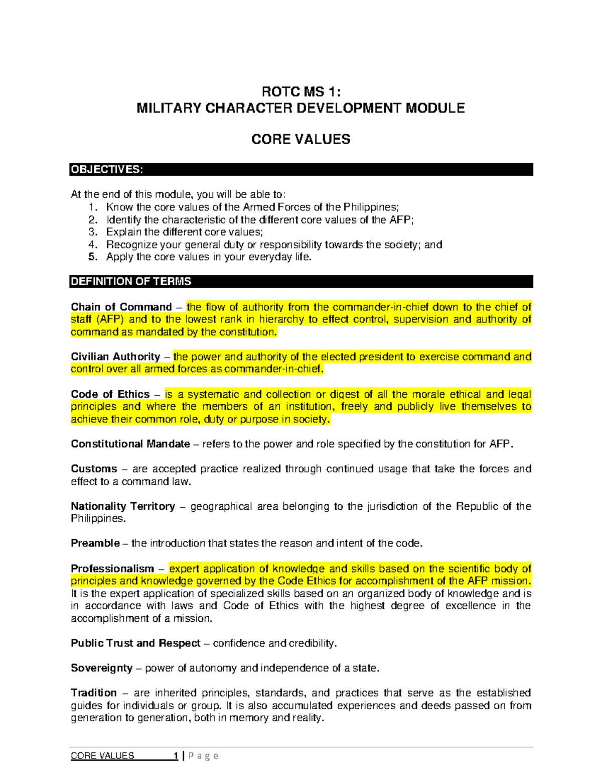 ROTC MS 1: Core Values of the Armed Forces - Military Character ...