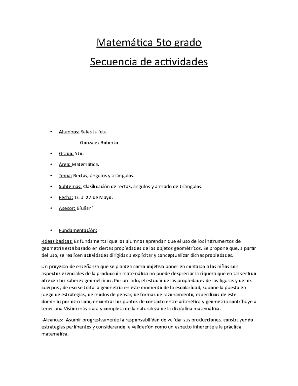Planificación de Actividades - Matemática 5to Grado - Studocu