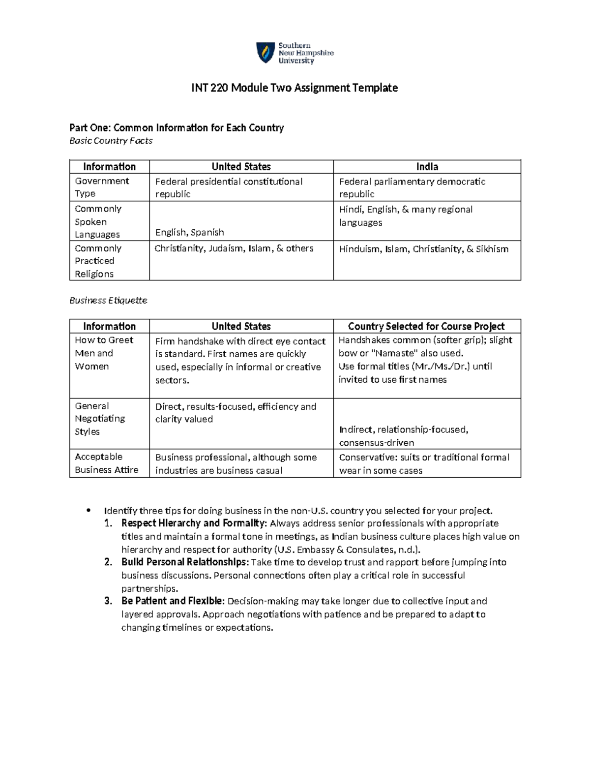 INT 220 Module Two Assignment: Country Comparison & Business Culture ...