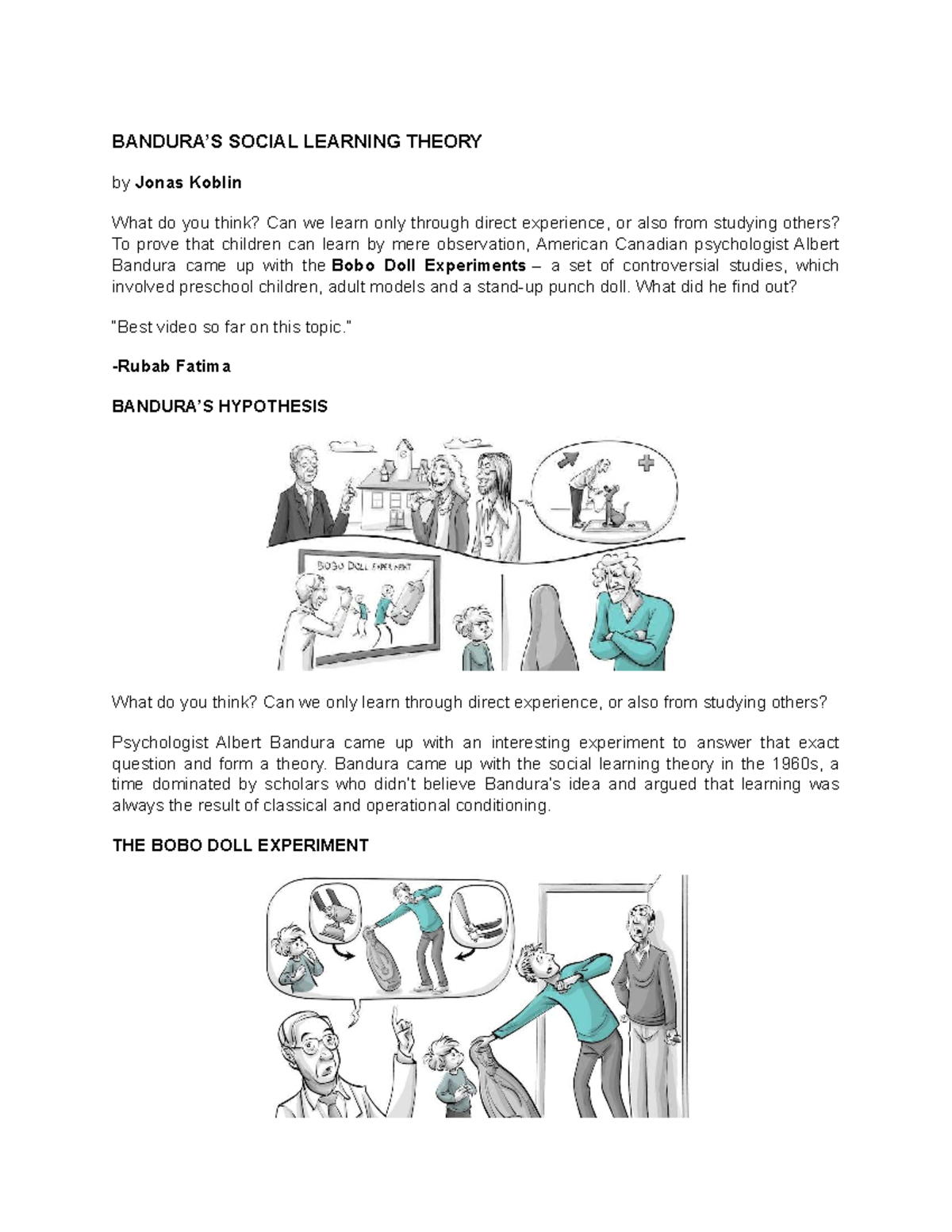 Bandura's Bobo Doll Experiment - Handout - BANDURA’S SOCIAL LEARNING ...