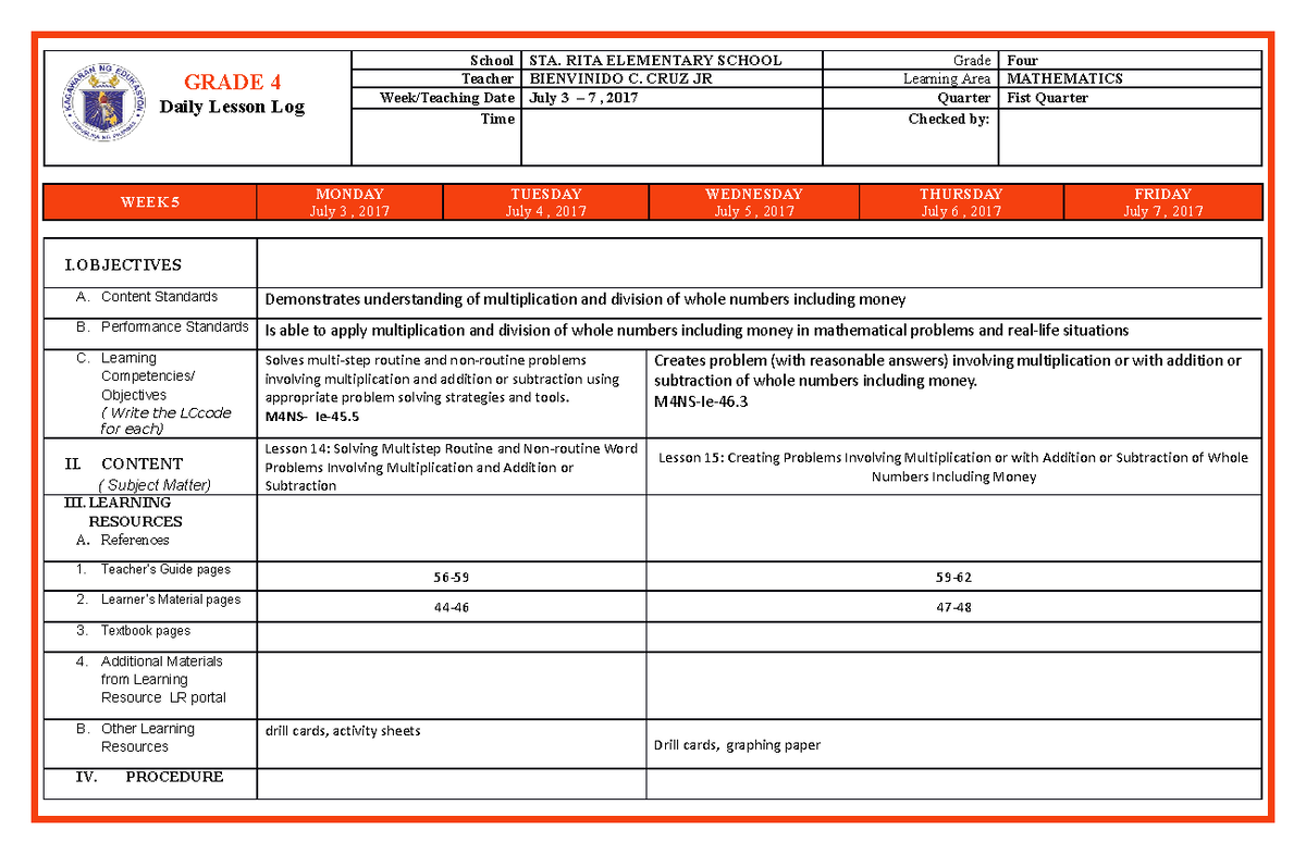 Grade 4 DLL Quarter 1 Week 5 ( Sir Bien Cruz ) - GRADE 4 Daily Lesson ...