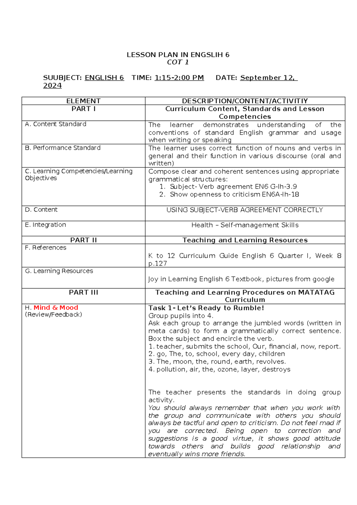 Matatag Lesson Plan: Subject-Verb Agreement for English 6 - Studocu