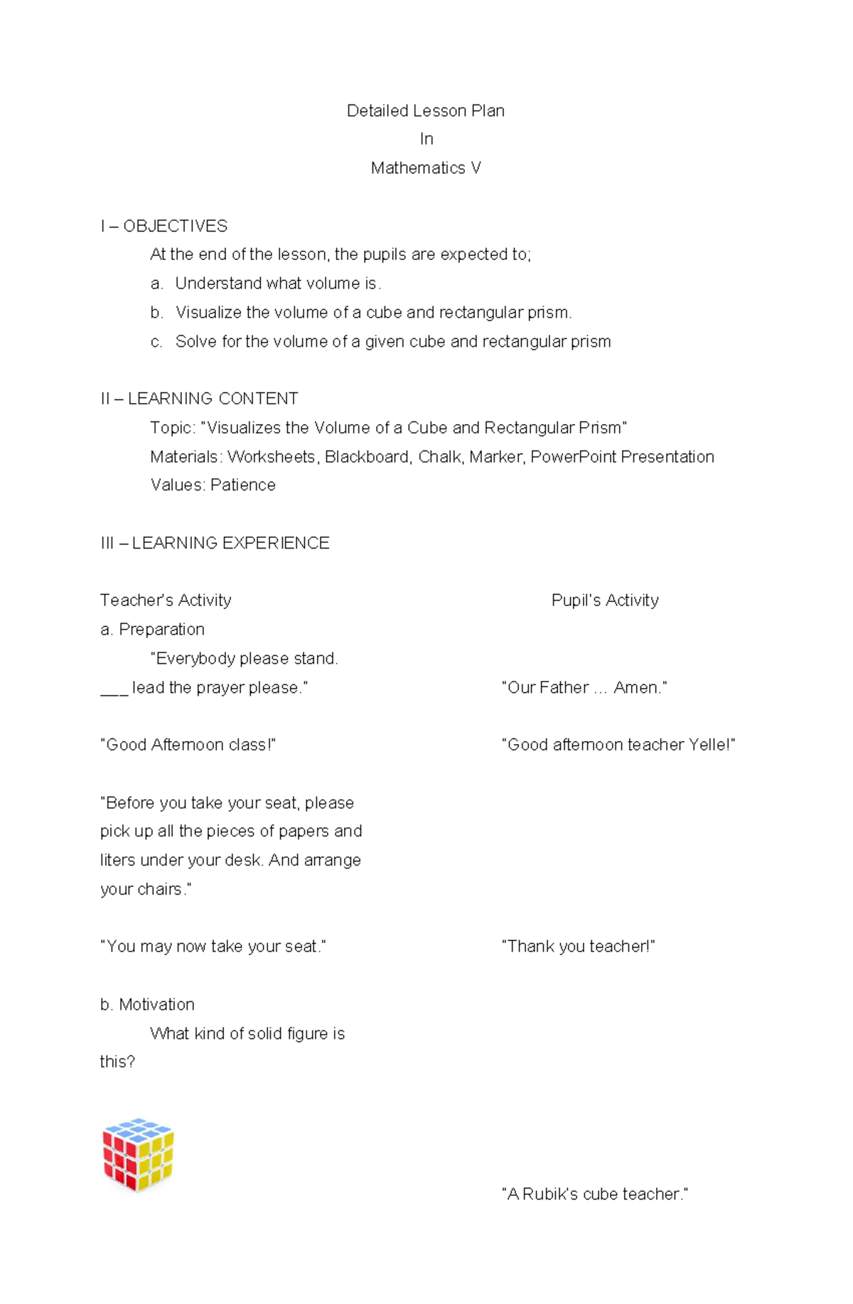 Detailed Lesson Plan on Volume for Math 5 (446306136) - Studocu