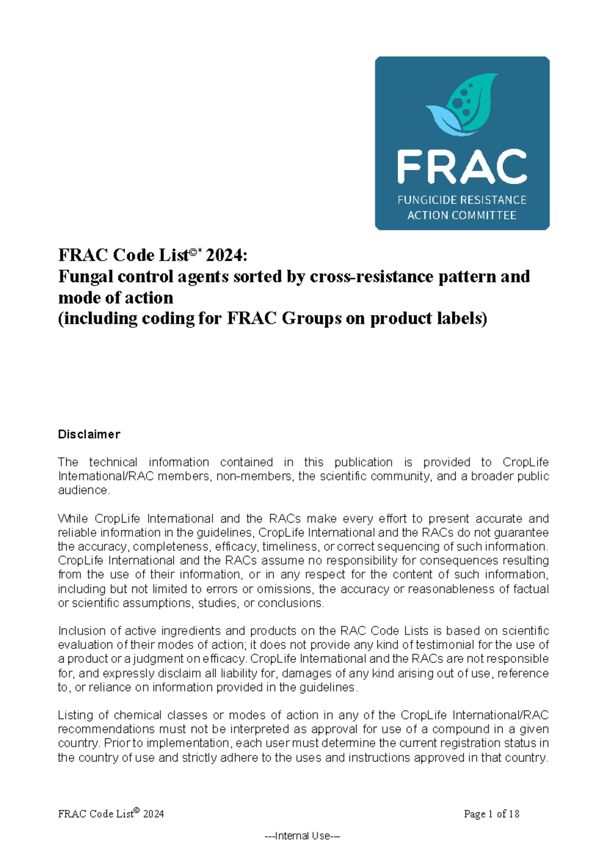 FRAC Code List 2024: Fungal Control Agents by Mode of Action - Studocu