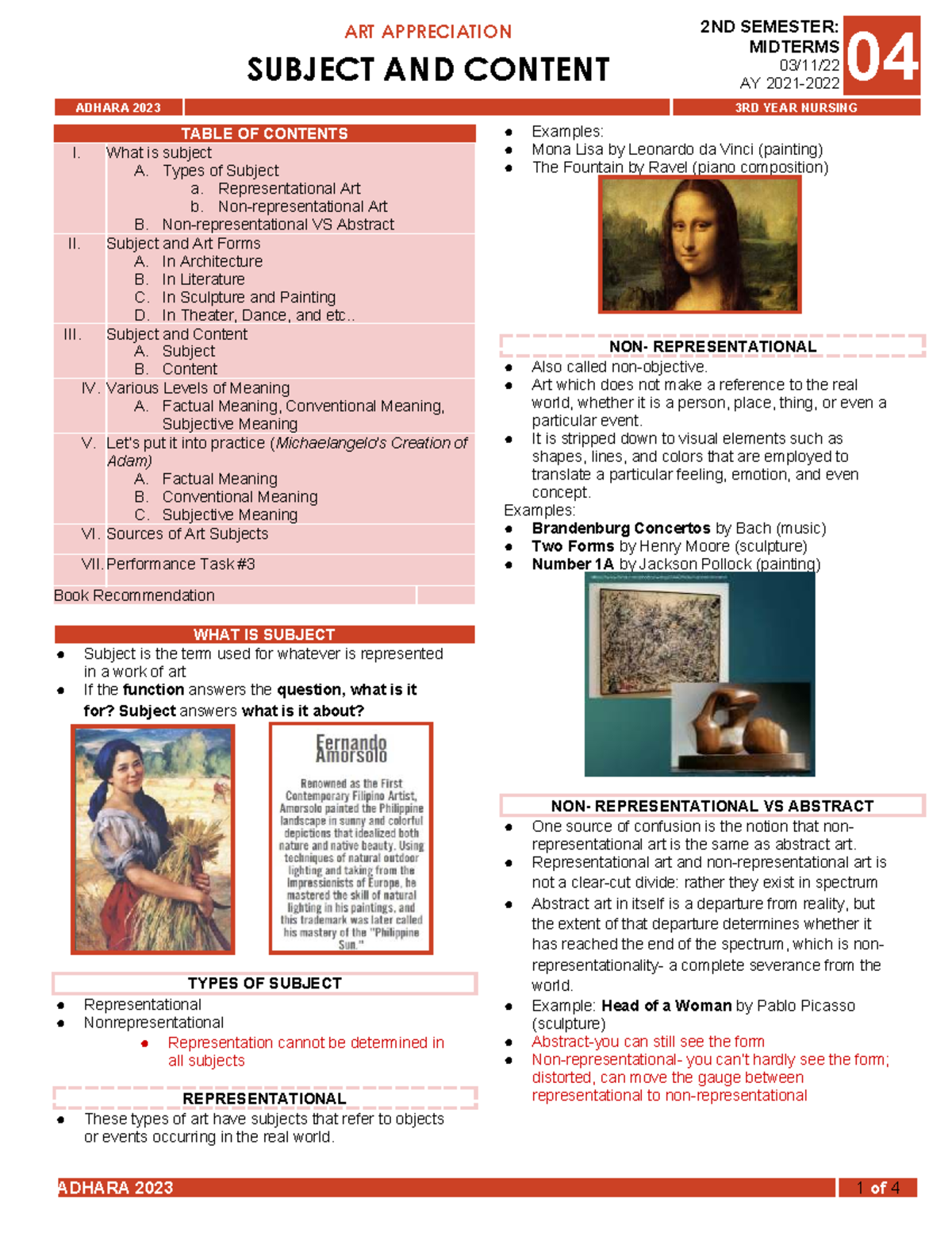 ART APPRECIATION 2ND SEMESTER MIDTERMS: SUBJECT & CONTENT ADHARA 2023 ...