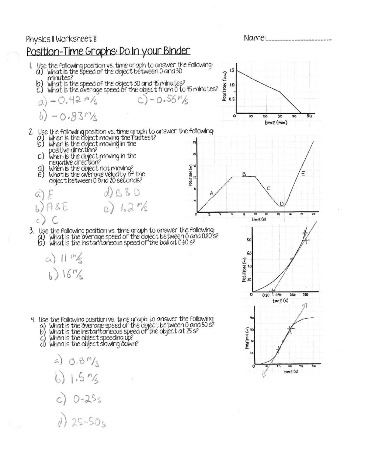 Physics II Worksheet 8: Analyzing Position vs. Time Graphs - Studocu