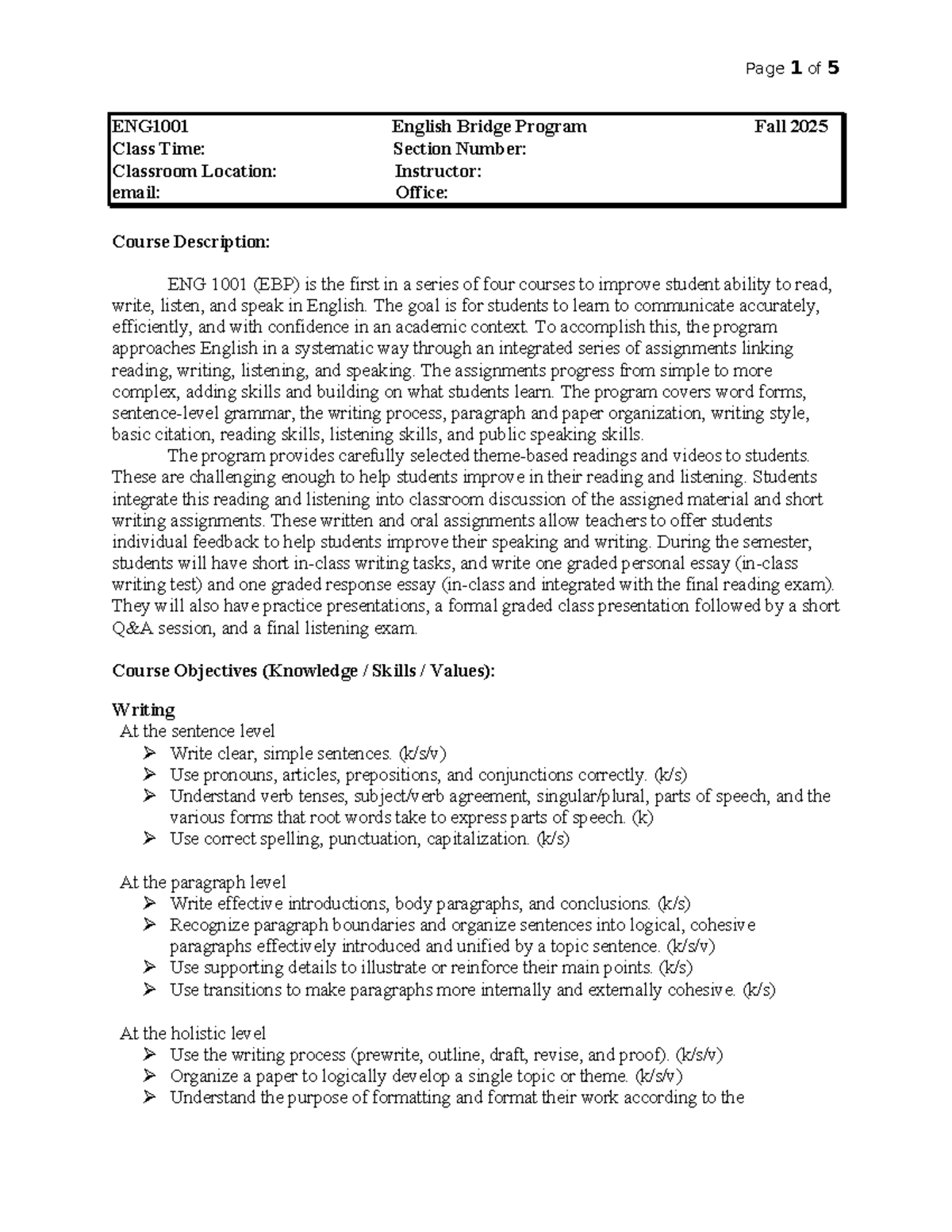 ENG1001 Fall 2025 EBP Syllabus: Course Overview & Objectives - Studocu