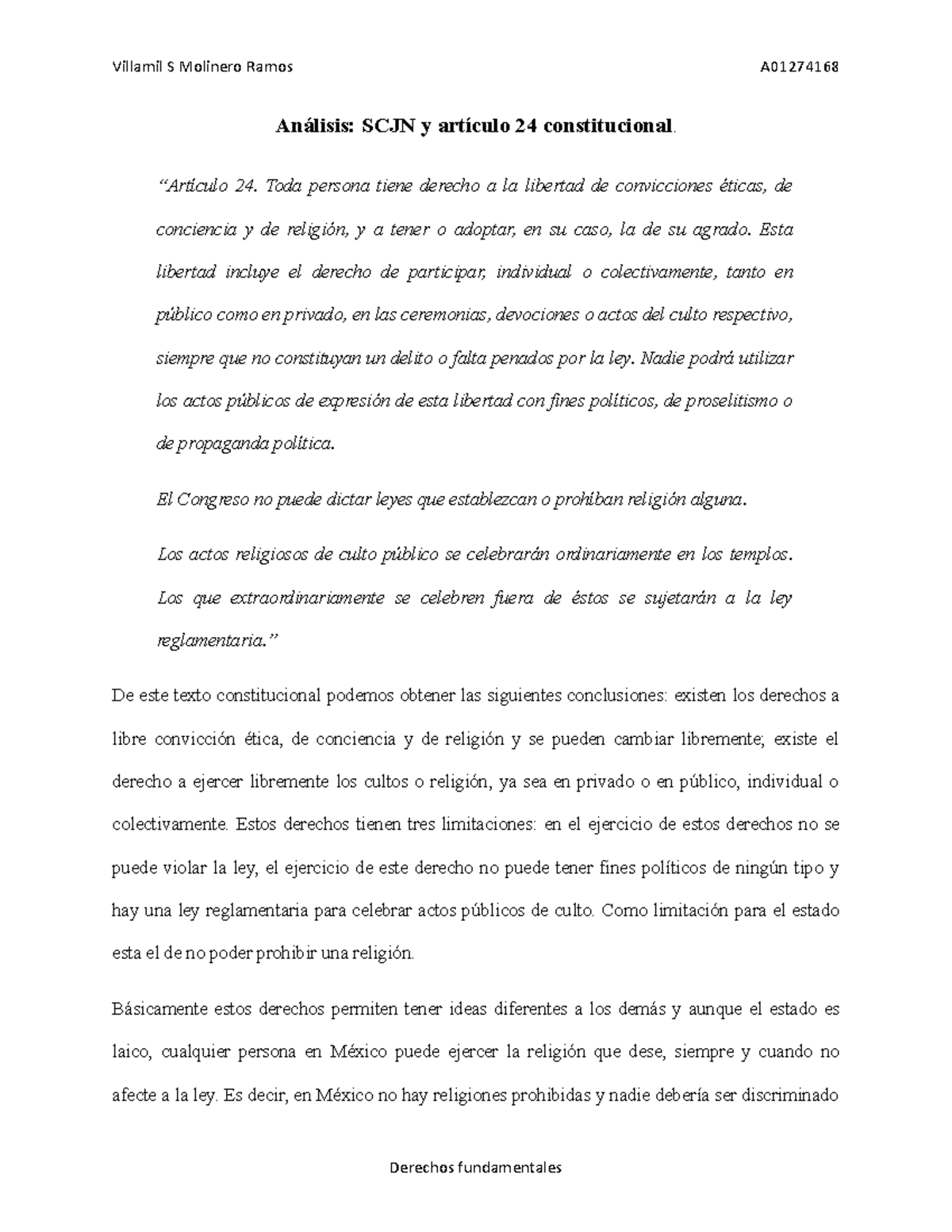 Análisis del Artículo 24 CPEUM: Libertad Religiosa y SCJN - Studocu