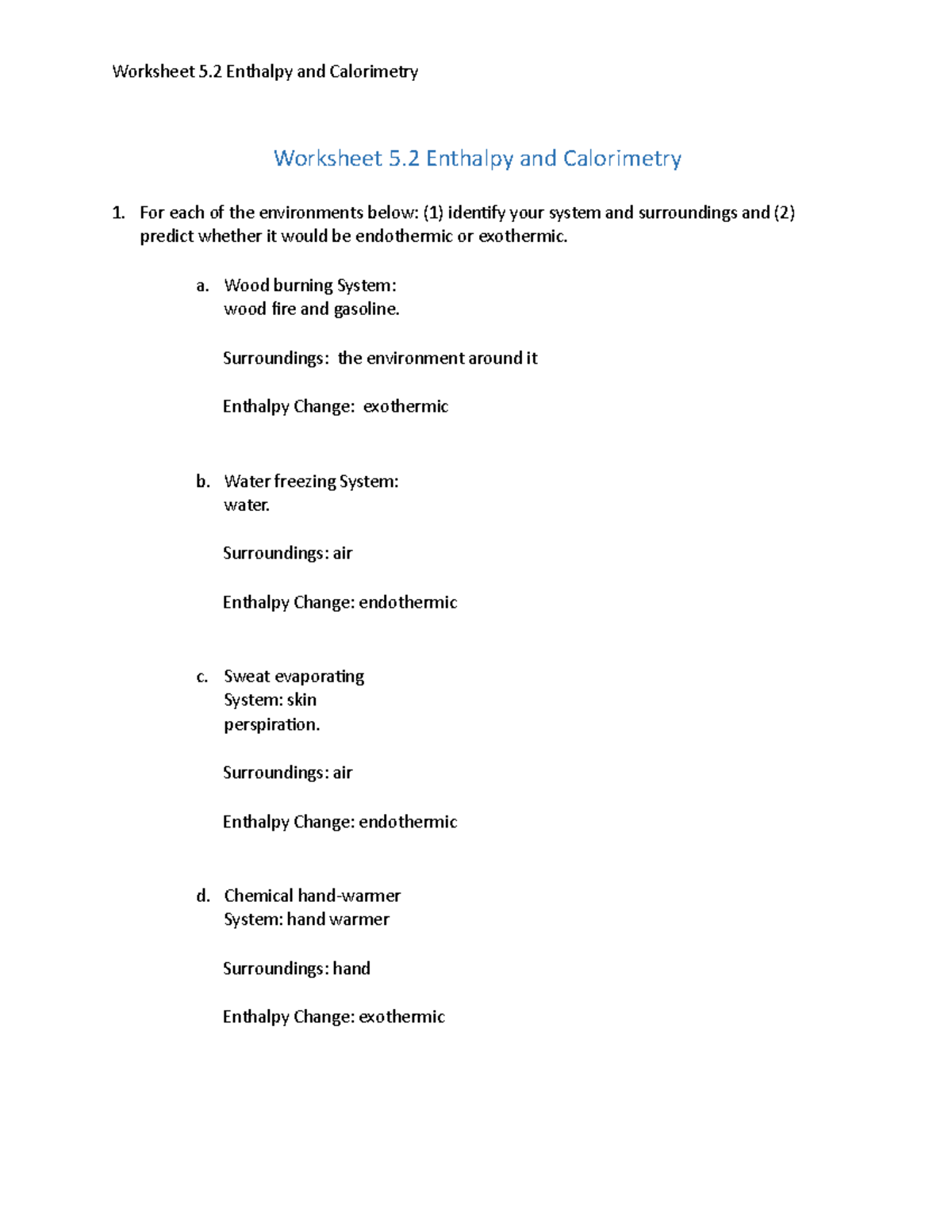 Worksheet 5.2 - Enthalpy & Calorimetry Analysis and Calculations - Studocu