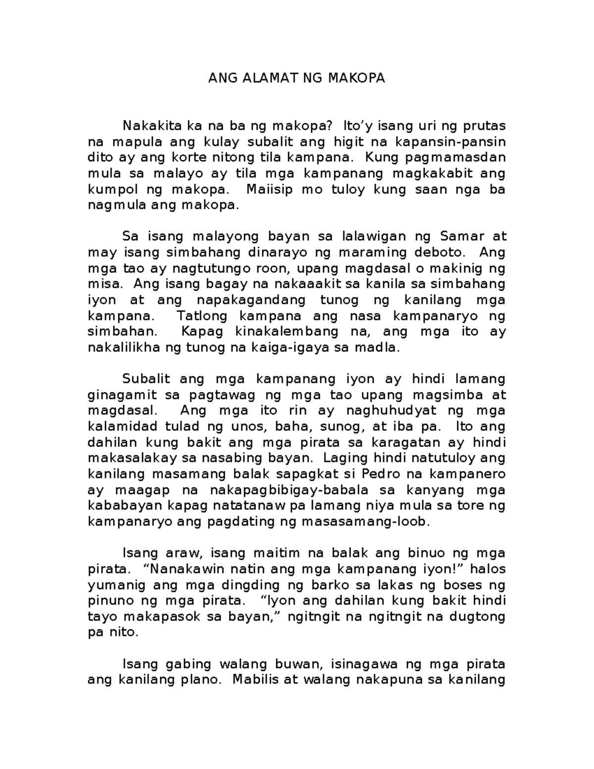 18991027 3Q FIL4 Alamat ng Makopa: Kwento ng Kampana at Pirata - Studocu