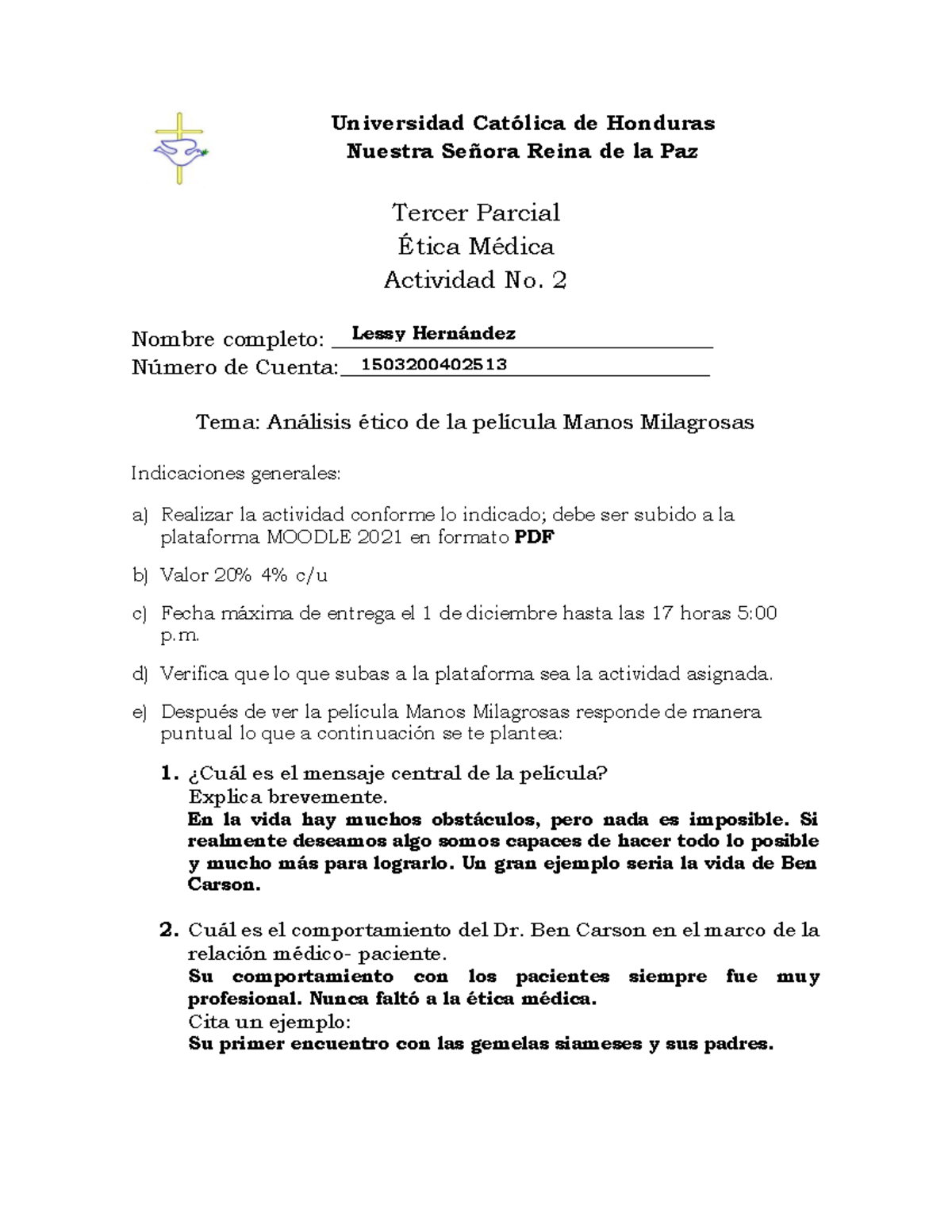 Análisis Ético de la Película Manos Milagrosas - Actividad No. 2 - Studocu