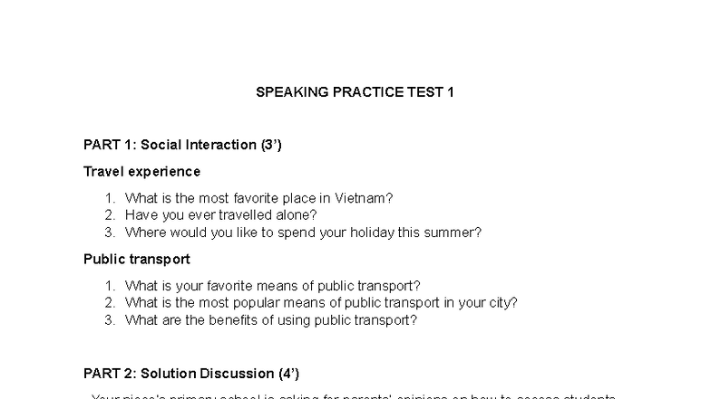 SPEAKING PRACTICE TEST 2&3: Travel & Social Interaction Insights - Studocu
