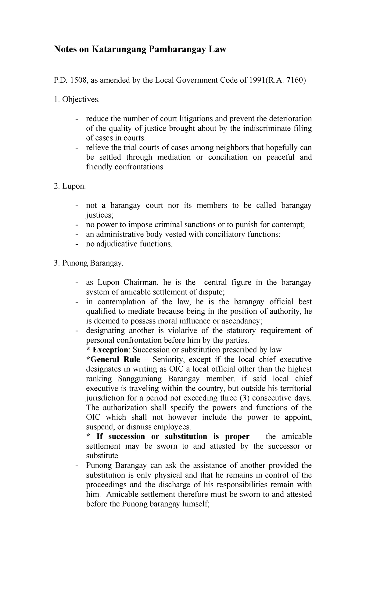 Katarungang Pambarangay Law Notes (P.D. 1508 & R.A. 7160) - Ilide - Studocu