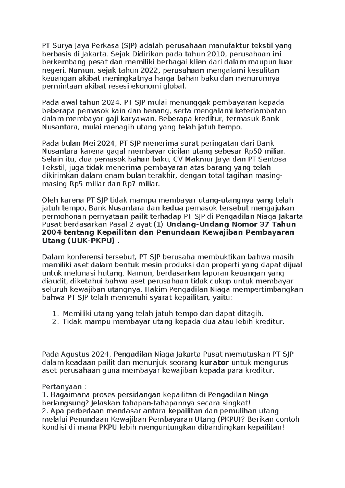 Tugas 2: Analisis Kasus Pailit PT Surya Jaya Perkasa dan Proses Hukum - Studocu