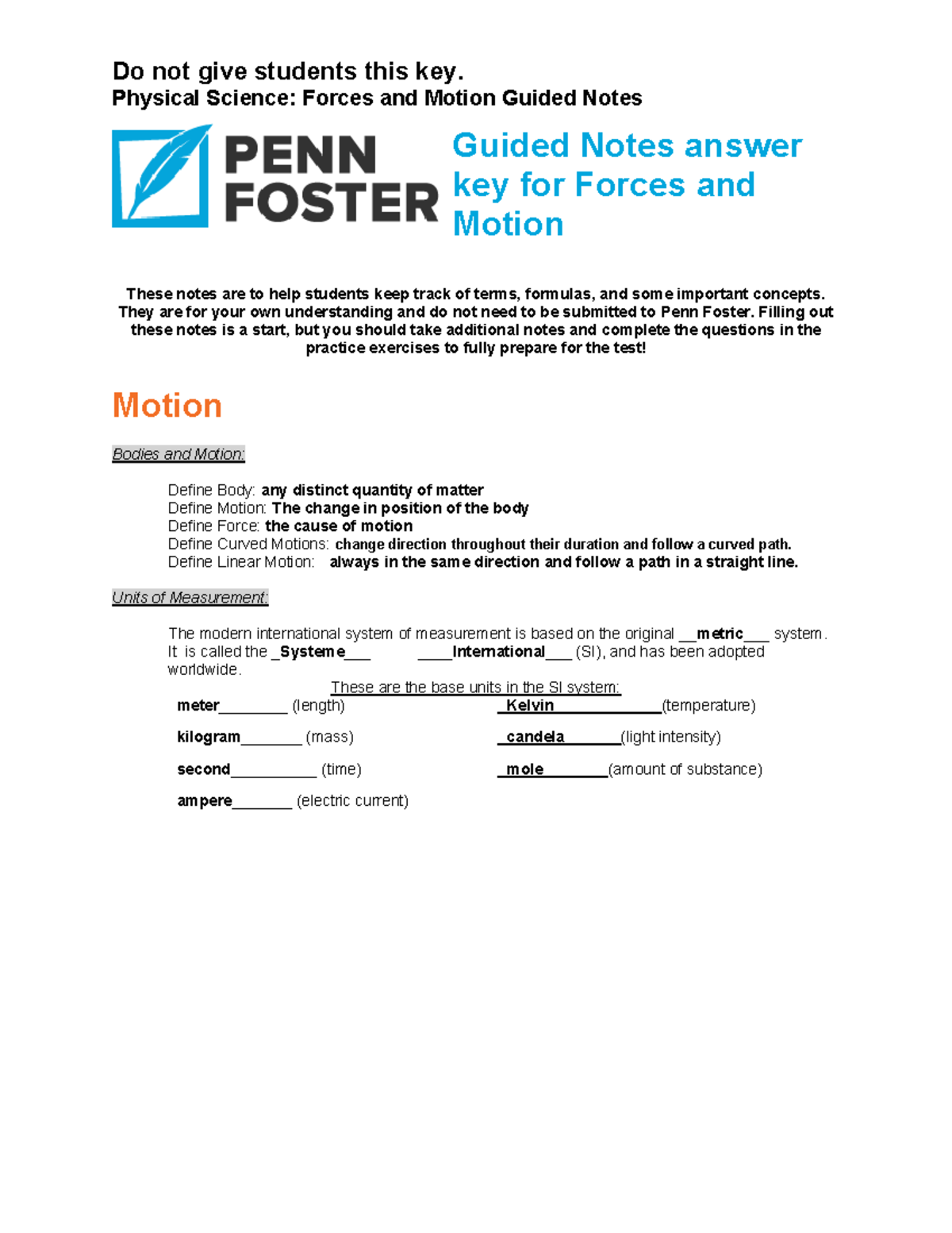 Physical Science NGSS Guided Notes: Forces and Motion Answer Key - Studocu