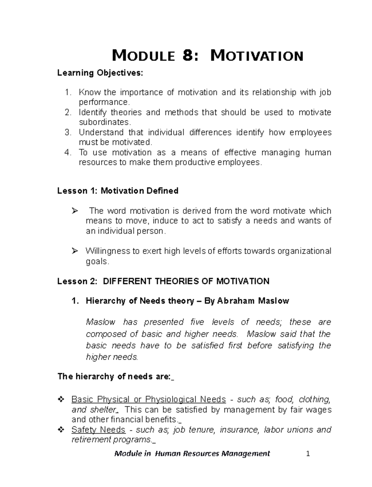 Human Resource Mgt... Lecture NOTE - MODULE 8 : MOTIVATION Learning ...