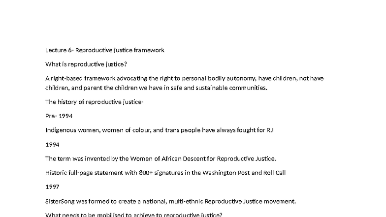 Medical Law Lecture 6: Reproductive Justice Framework and Ethics - Studocu