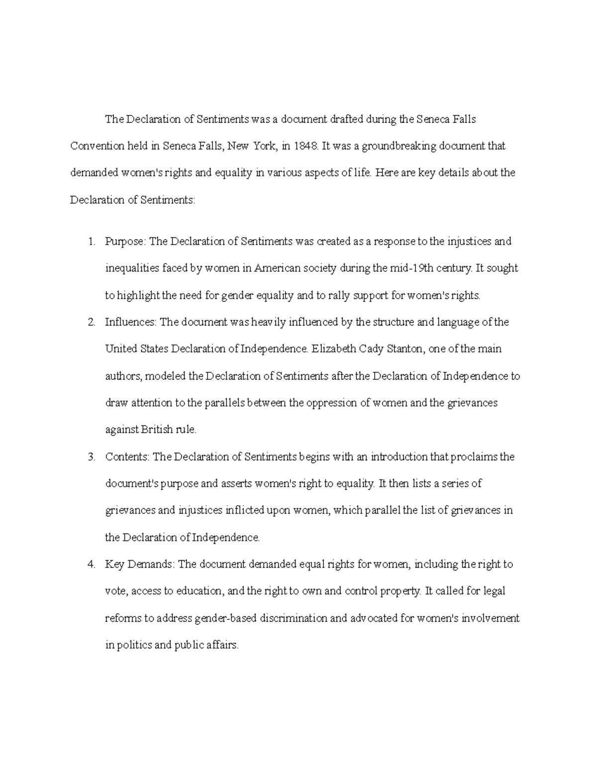Analysis of the Declaration of Sentiments: Impact on Women's Rights ...