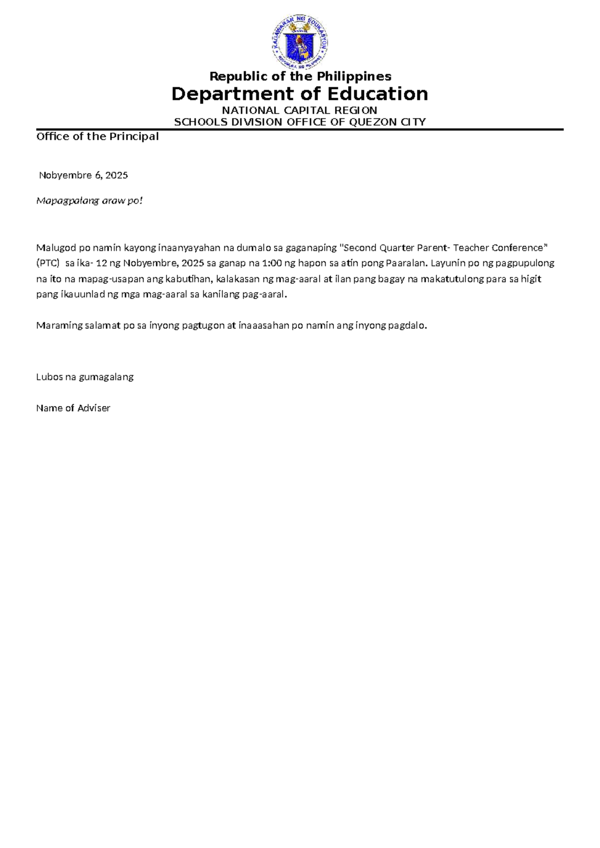 PTC- Letter - Republic of the Philippines Department of Education ...