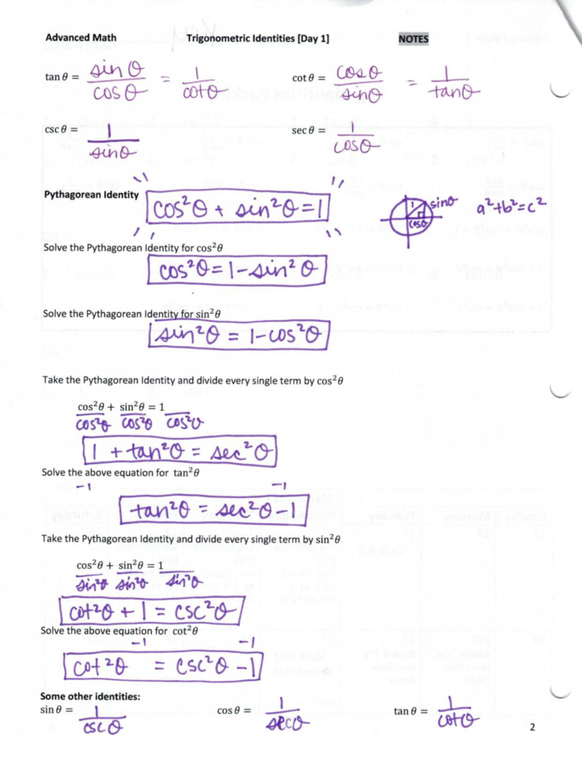 Advanced Math Trigonometric Identities [Day 1-3] Notes & Homework ...