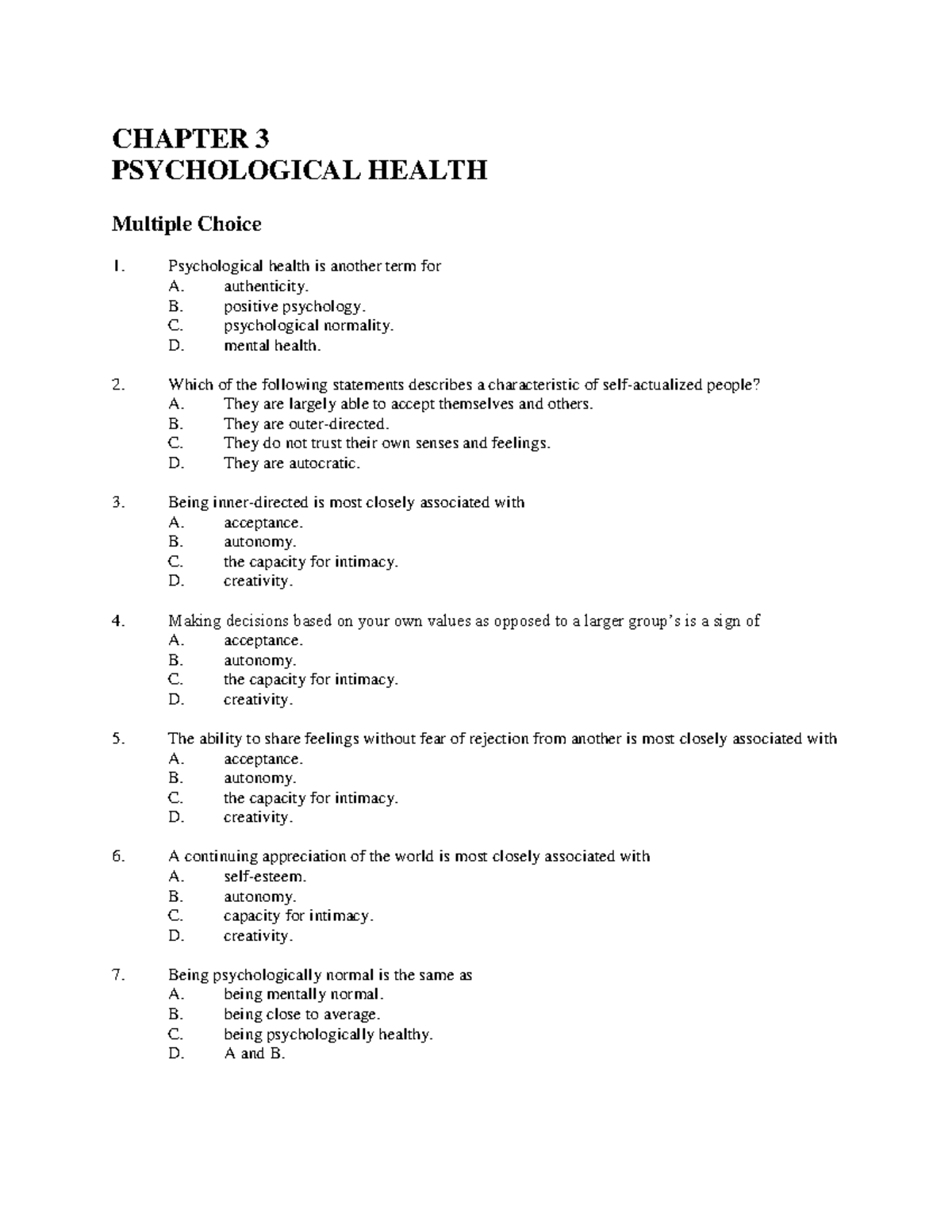 Psychological Health Quiz: Key Concepts and Treatments (Ch 03) - Studocu