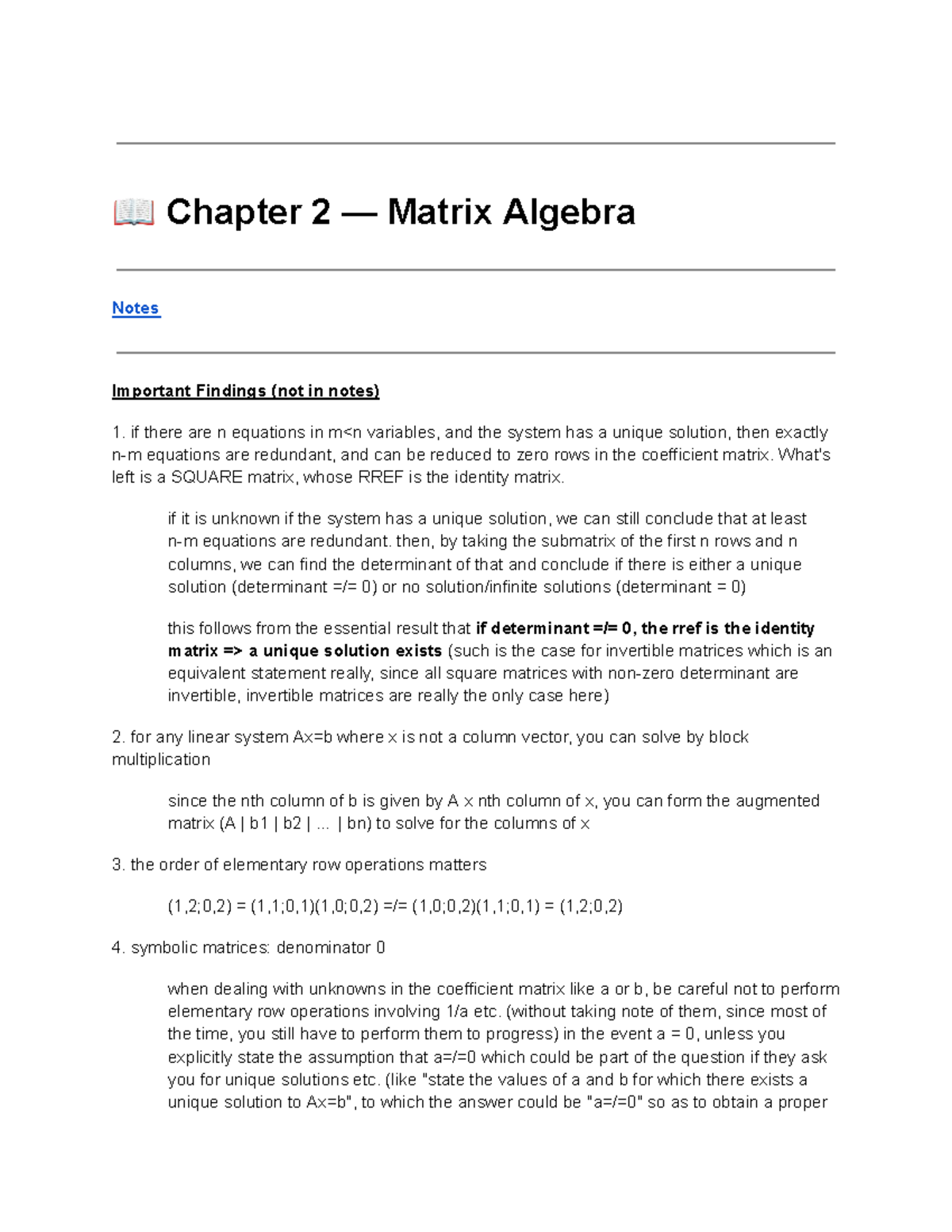 MA1522 Chapter 2 Matrix Algebra Notes: Key Findings and Insights - Studocu