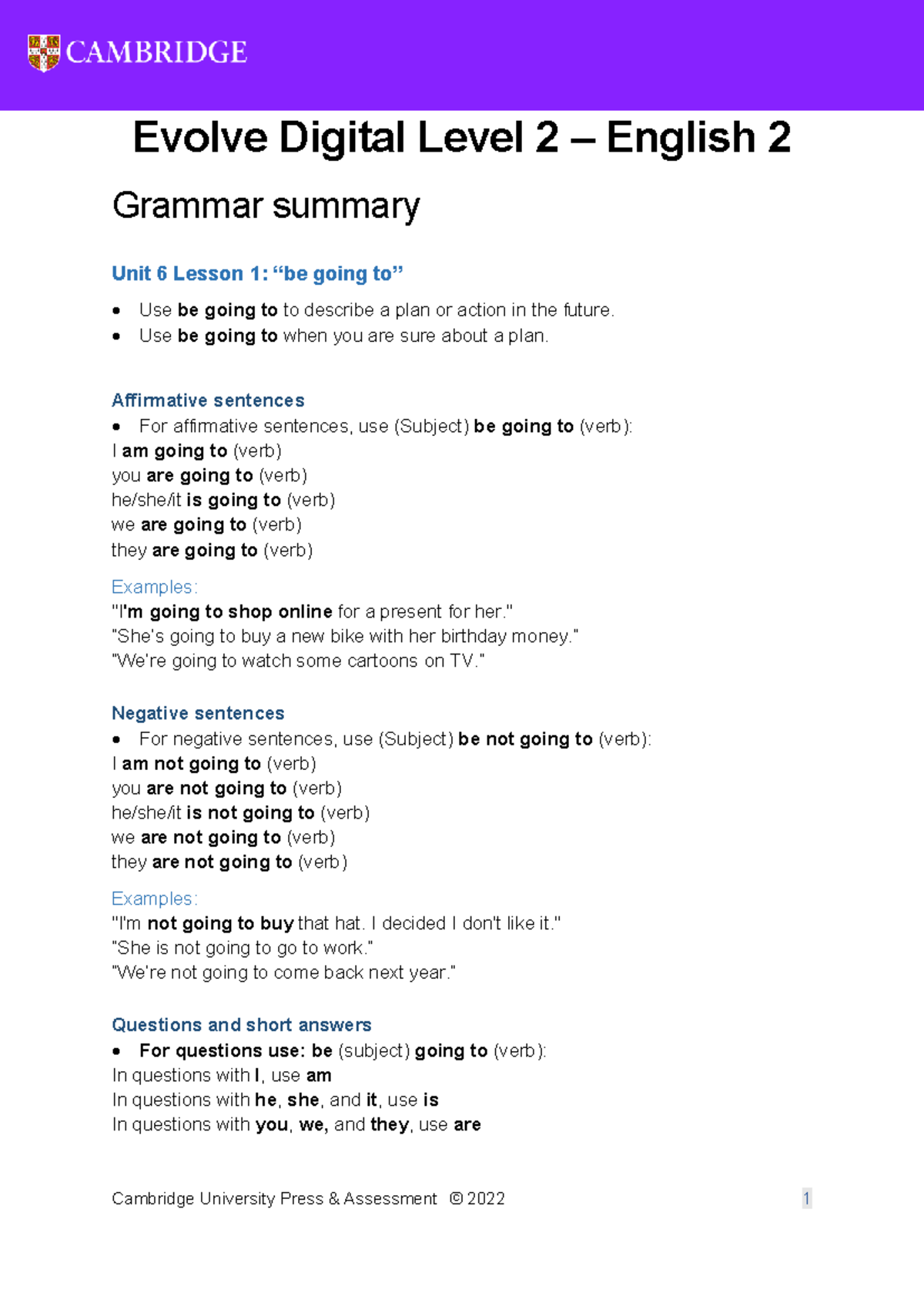 Unit 6 - E2 - Grammar Summary: Future Plans with 'Be Going To' - Studocu