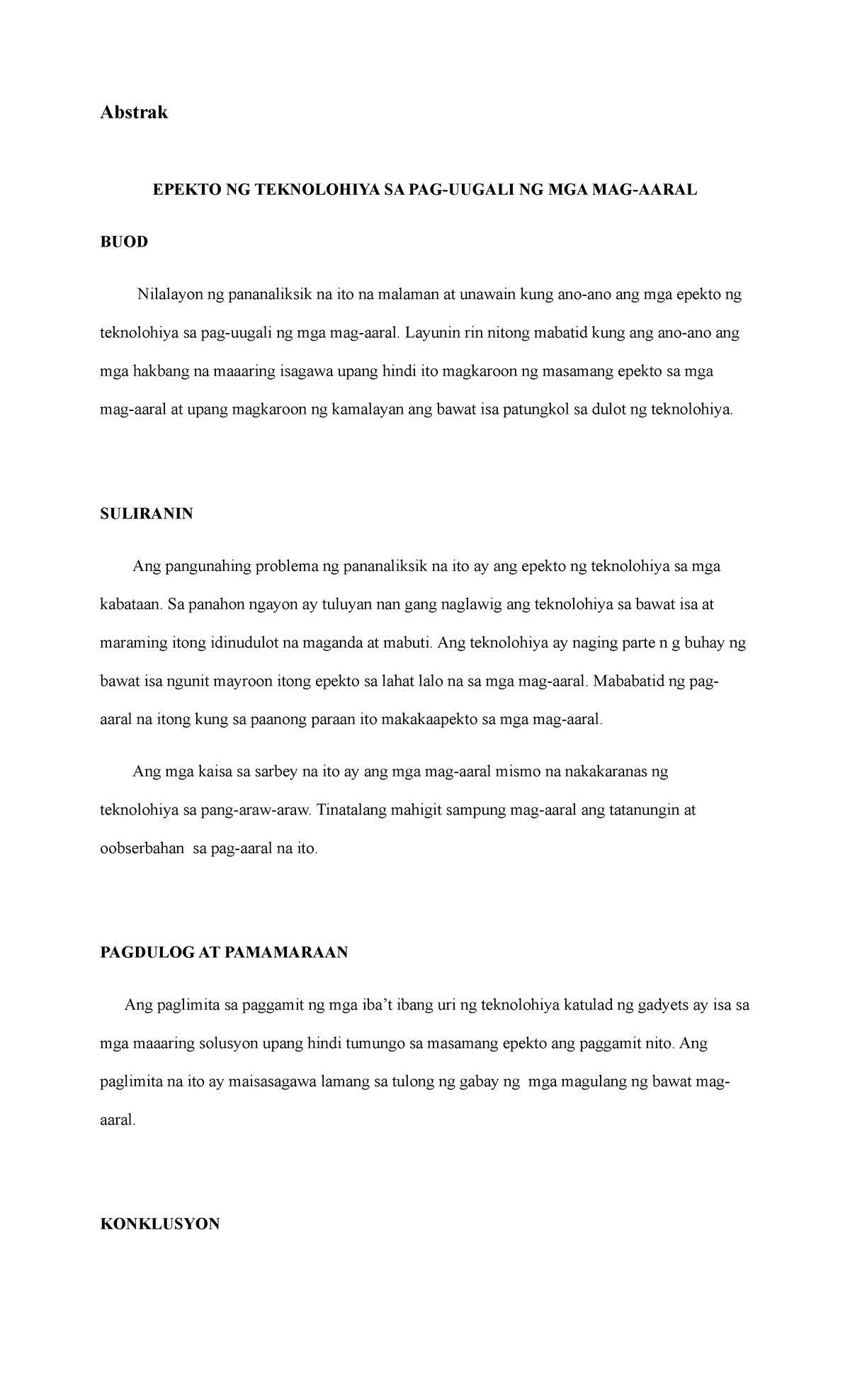EPEKTO NG TEKNOLOHIYA SA MGA MAG-AARAL: Abstrak ng Pananaliksik - Studocu