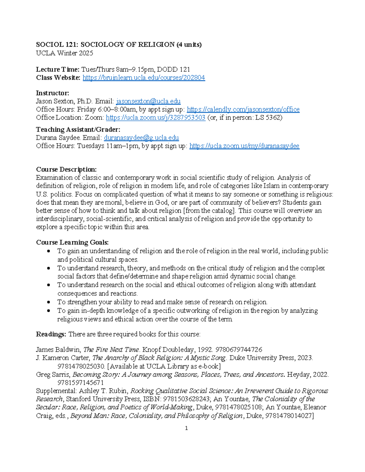 SOCIOL 121: Sociology of Religion Winter 2025 Syllabus Overview - Studocu