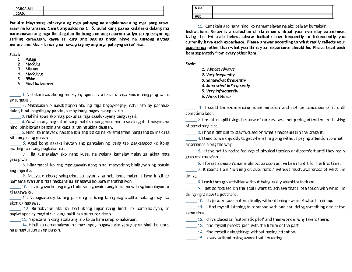 MAAS Mindful Attention Awareness Scale Assessment Questionnaire - Studocu