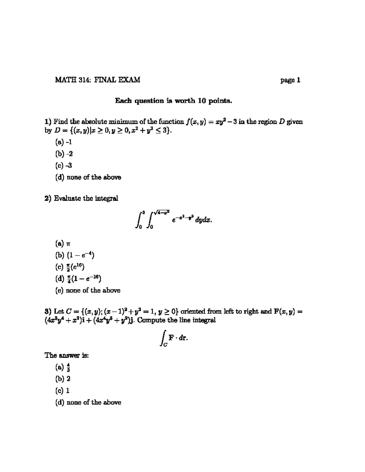 MATH 314: Practice Final Exam Questions and Solutions - Studocu