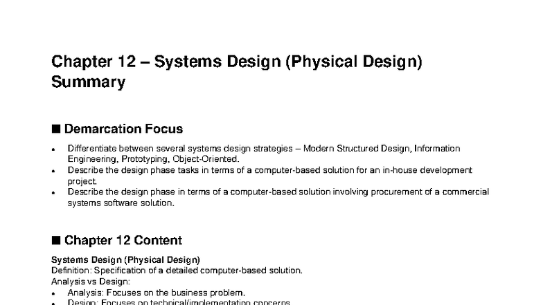 Chapter 12 Summary - Chapter 12 – Systems Design (Physical Design) Summary n Demarcation Focus ...