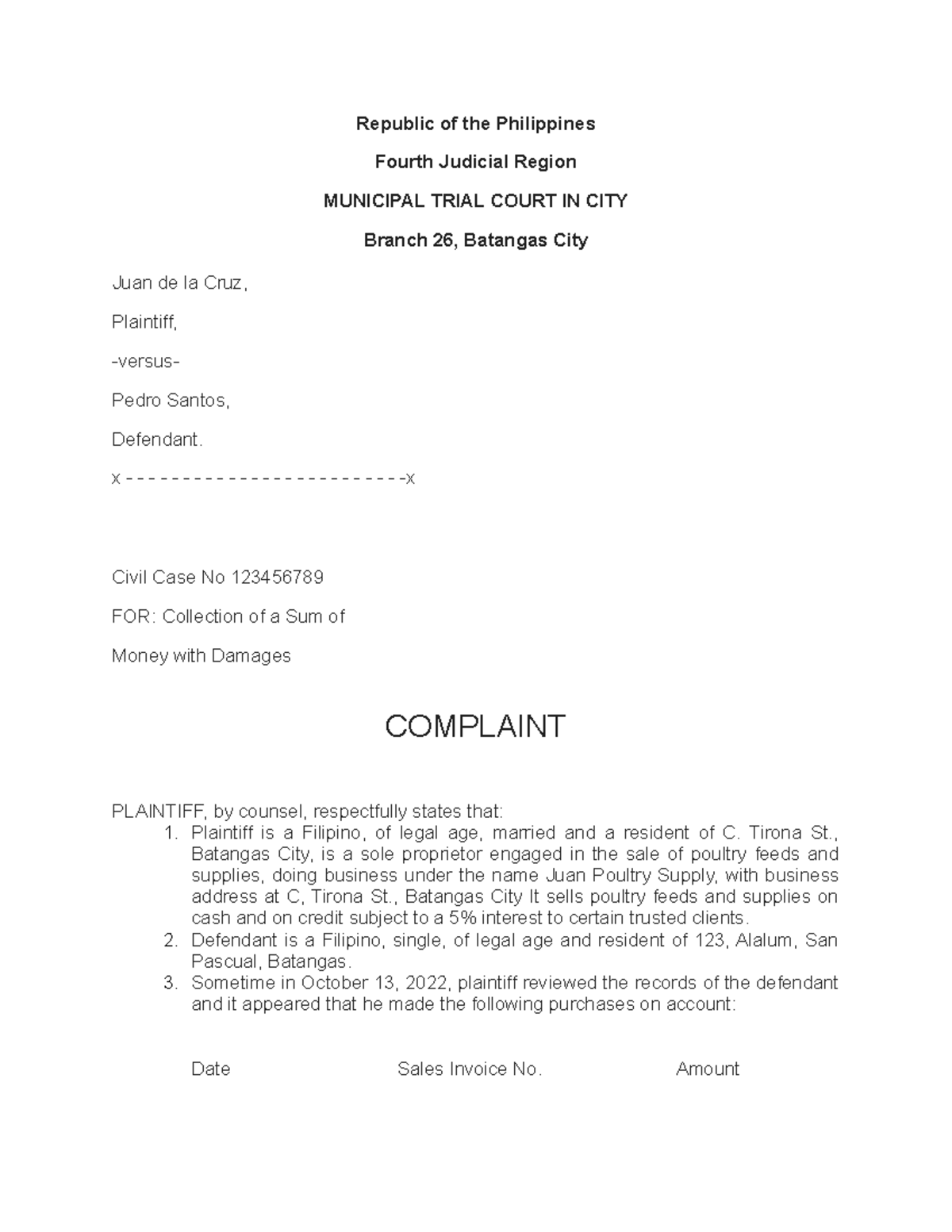 Civil Case No. 123456789: Complaint for Collection of Money - Studocu