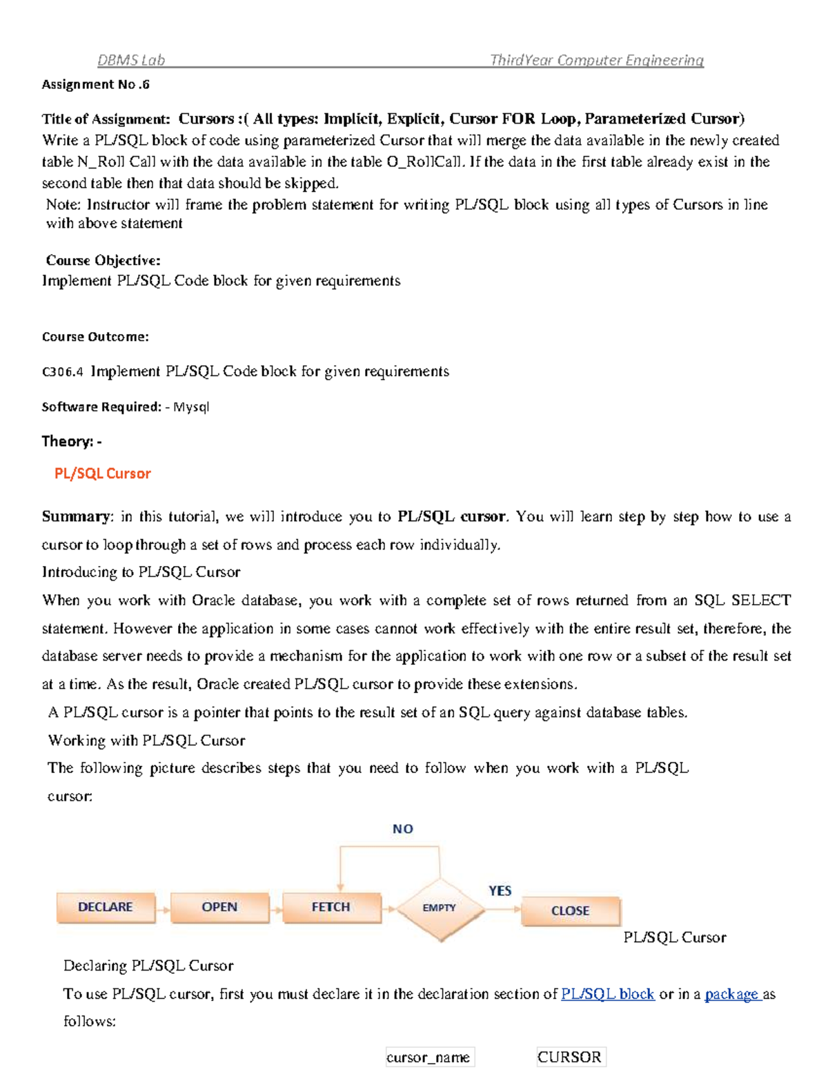 DBMS Lab: Cursors in MySQL - Assignment No. 6 (3rd Year CE) - Studocu