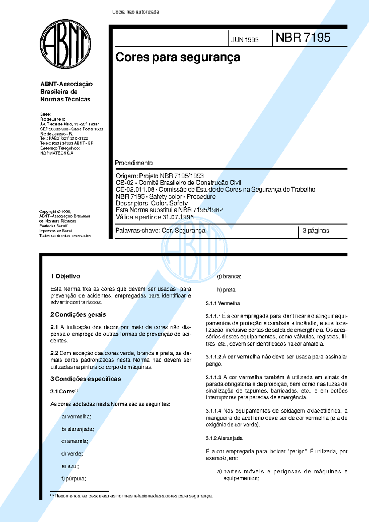 Norma Técnica ABNT NBR 7195: Cores para Segurança em Trabalhos - Studocu
