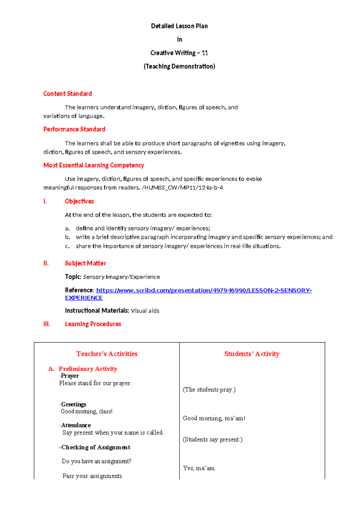 Creative Writing 11: Detailed Lesson Plan on Sensory Imagery - Studocu