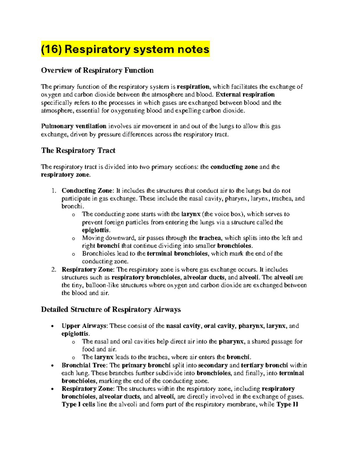 (16) Respiratory system notes: overview of respiratory function and ...