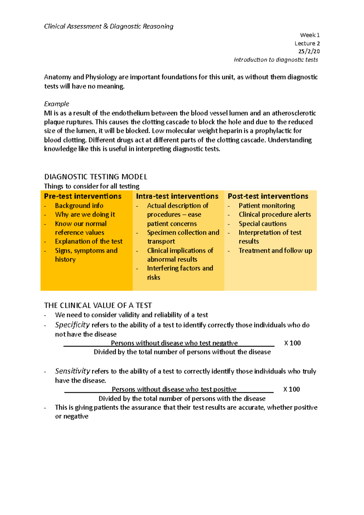 Week 1, Lecture 2 - Week 1 Lecture 2 25/2/ Introduction to diagnostic ...